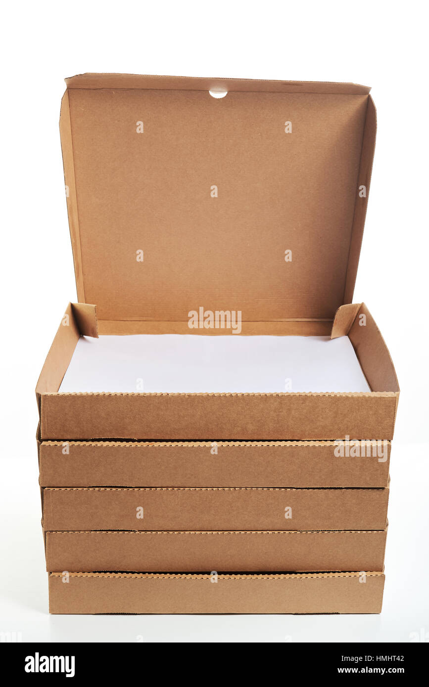 row of brown pizza boxes with open box on top isolated on white Stock ...