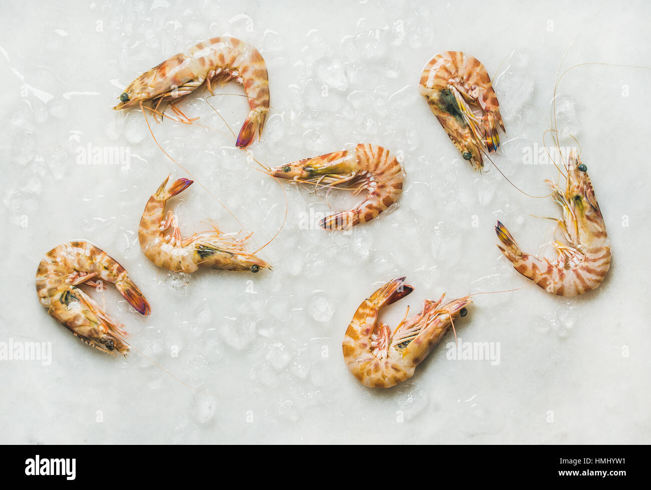 Raw tiger prawns on chipped ice over light grey background Stock Photo ...
