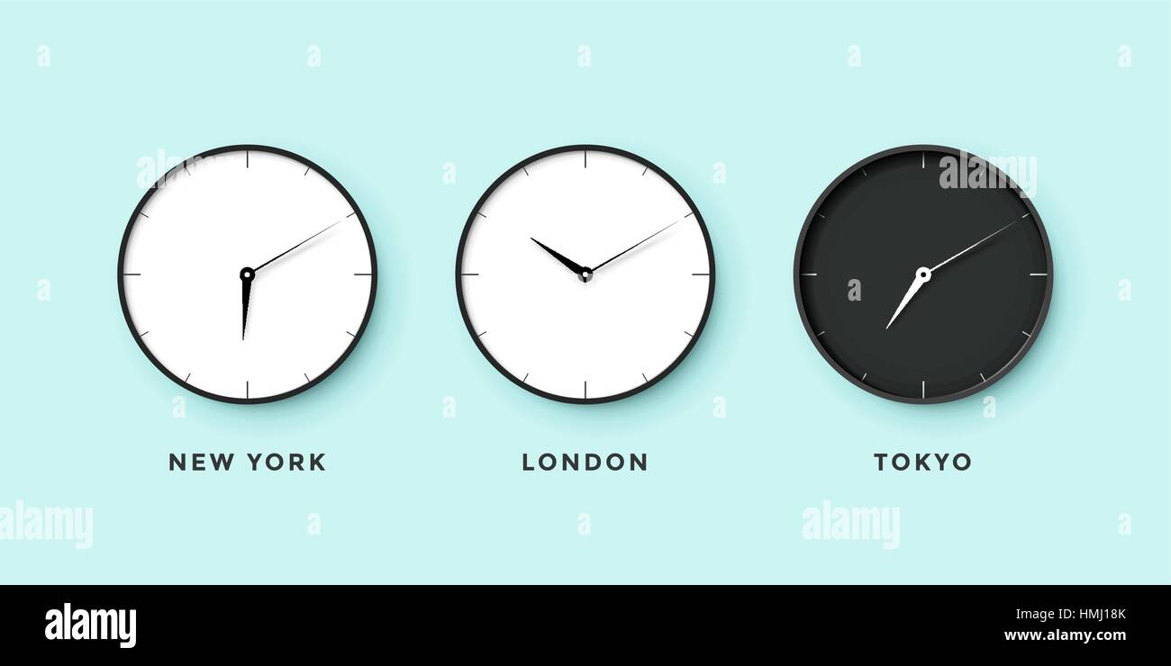 Set of day and night clock for time zones different cities. Black and ...