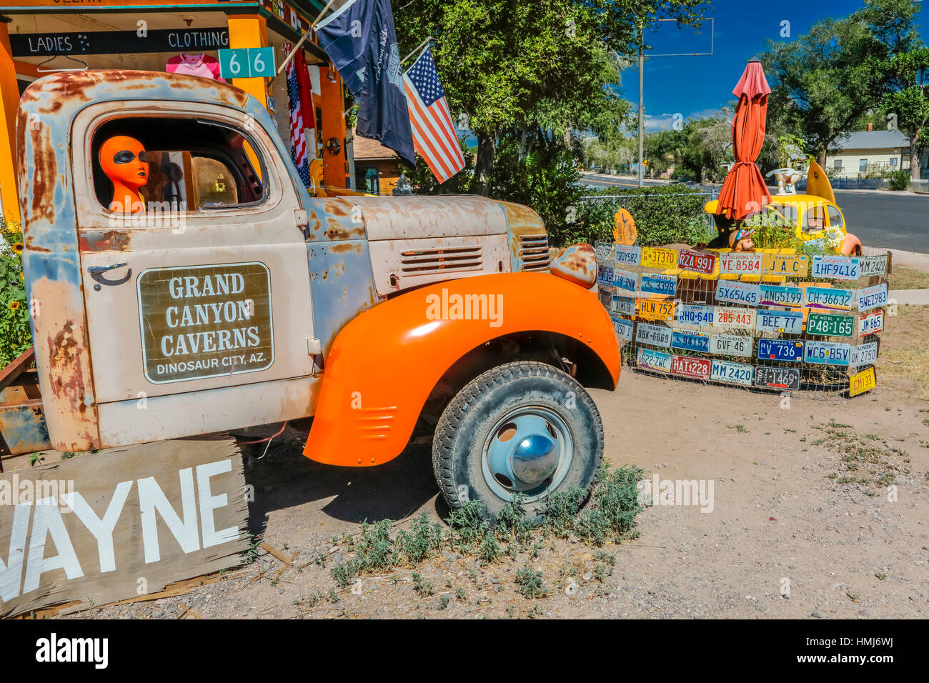 Orange Alien on Main Street in pickup truck, Seligman on historic Route ...