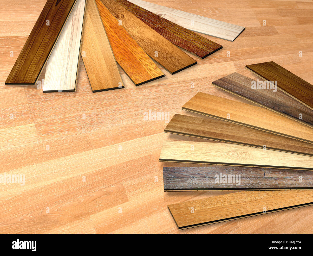 New planks of oak parquet of different colors on wooden floor. 3d ...