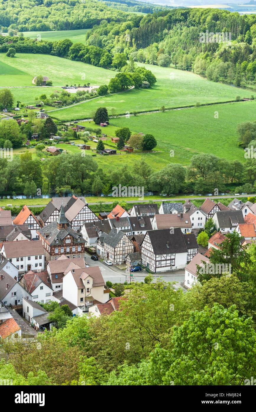Aerial view of Helmarhausen, a suburb of Bad Karlshafen, Hesse, Germany ...
