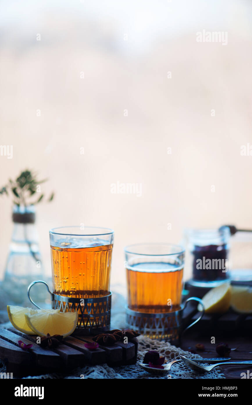 Morning still life with tea and lemon Stock Photo - Alamy