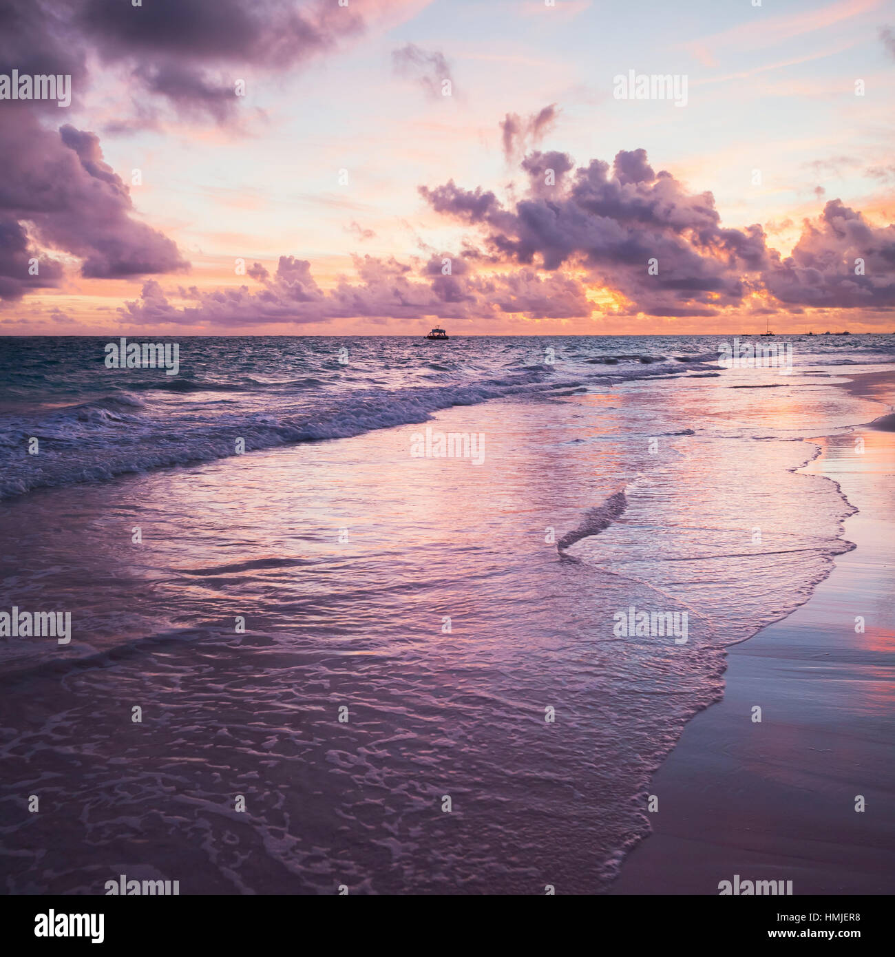 Colorful sunrise over Atlantic Ocean coast, Bavaro beach, Hispaniola ...