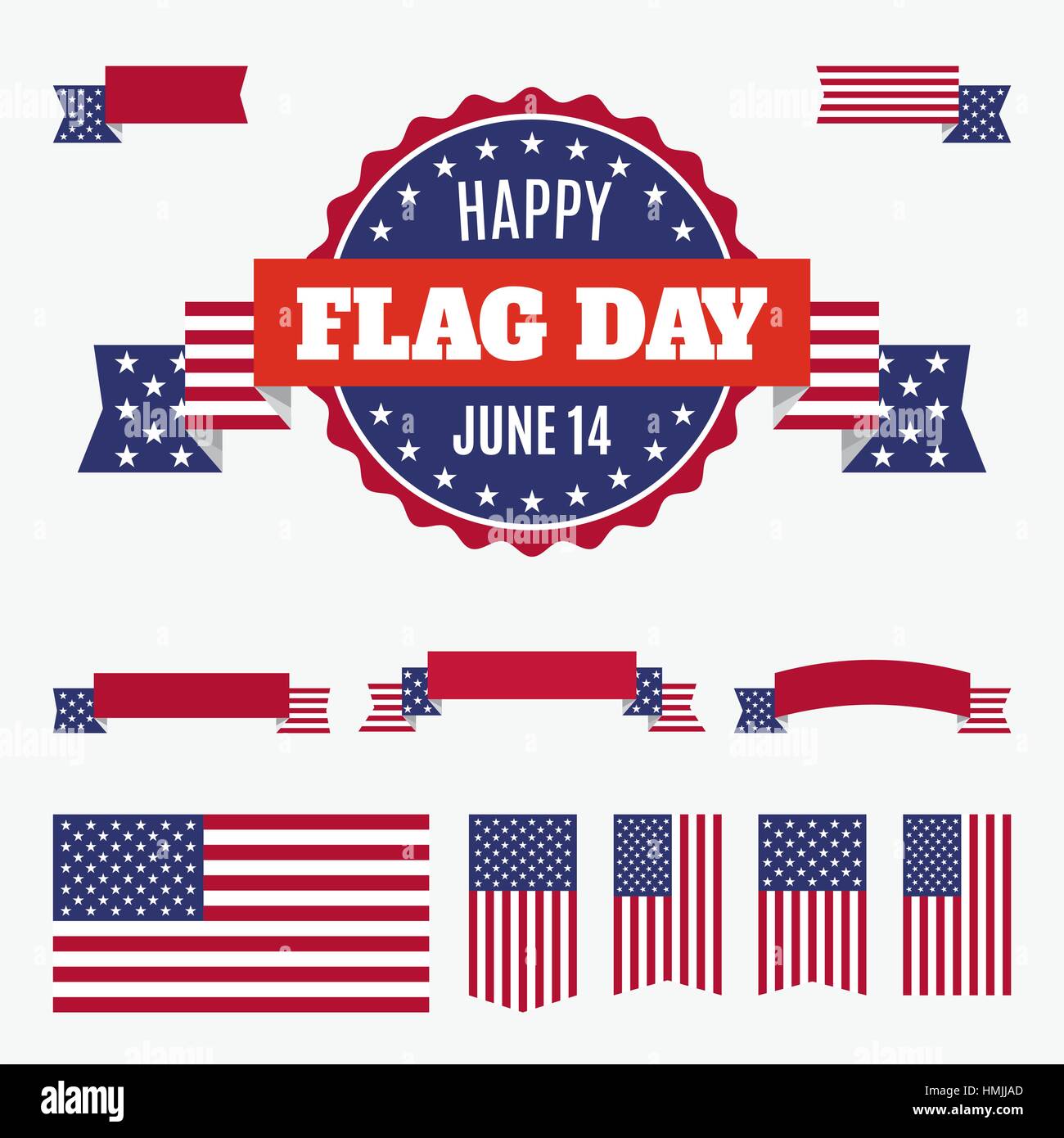 USA flag day badge, banners and ribbons isolated on light background ...