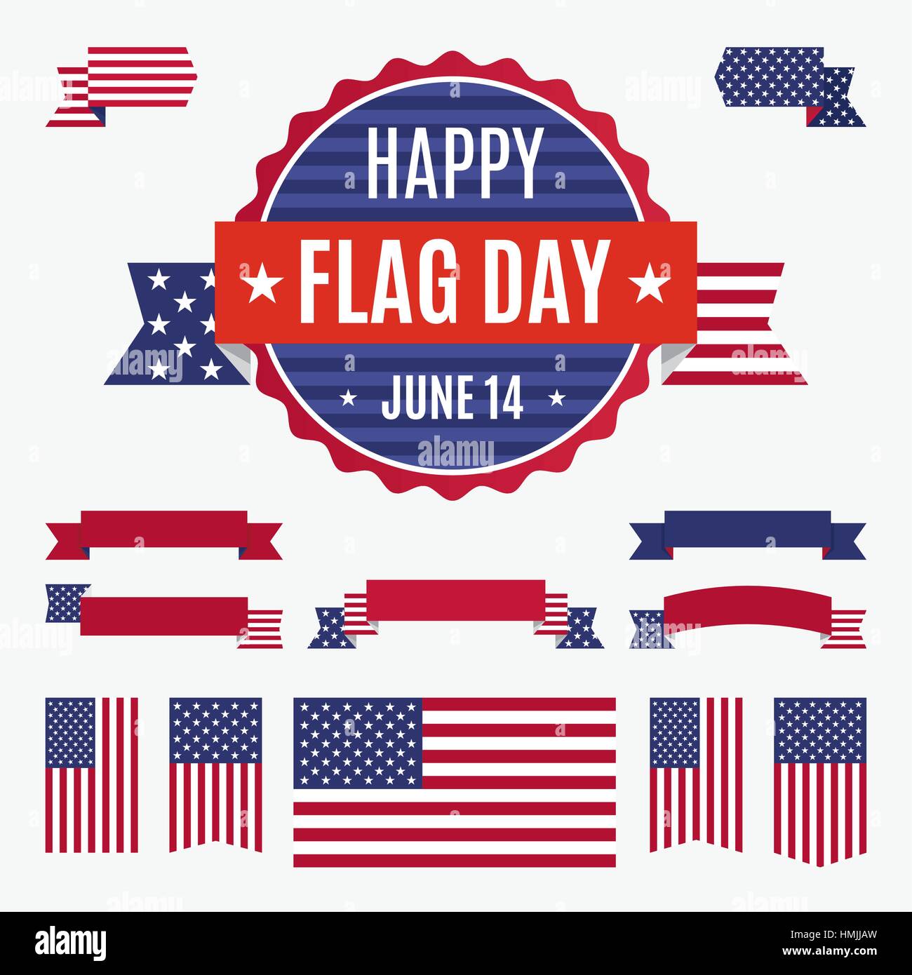 USA flag day badge, banners and ribbons isolated on light background ...