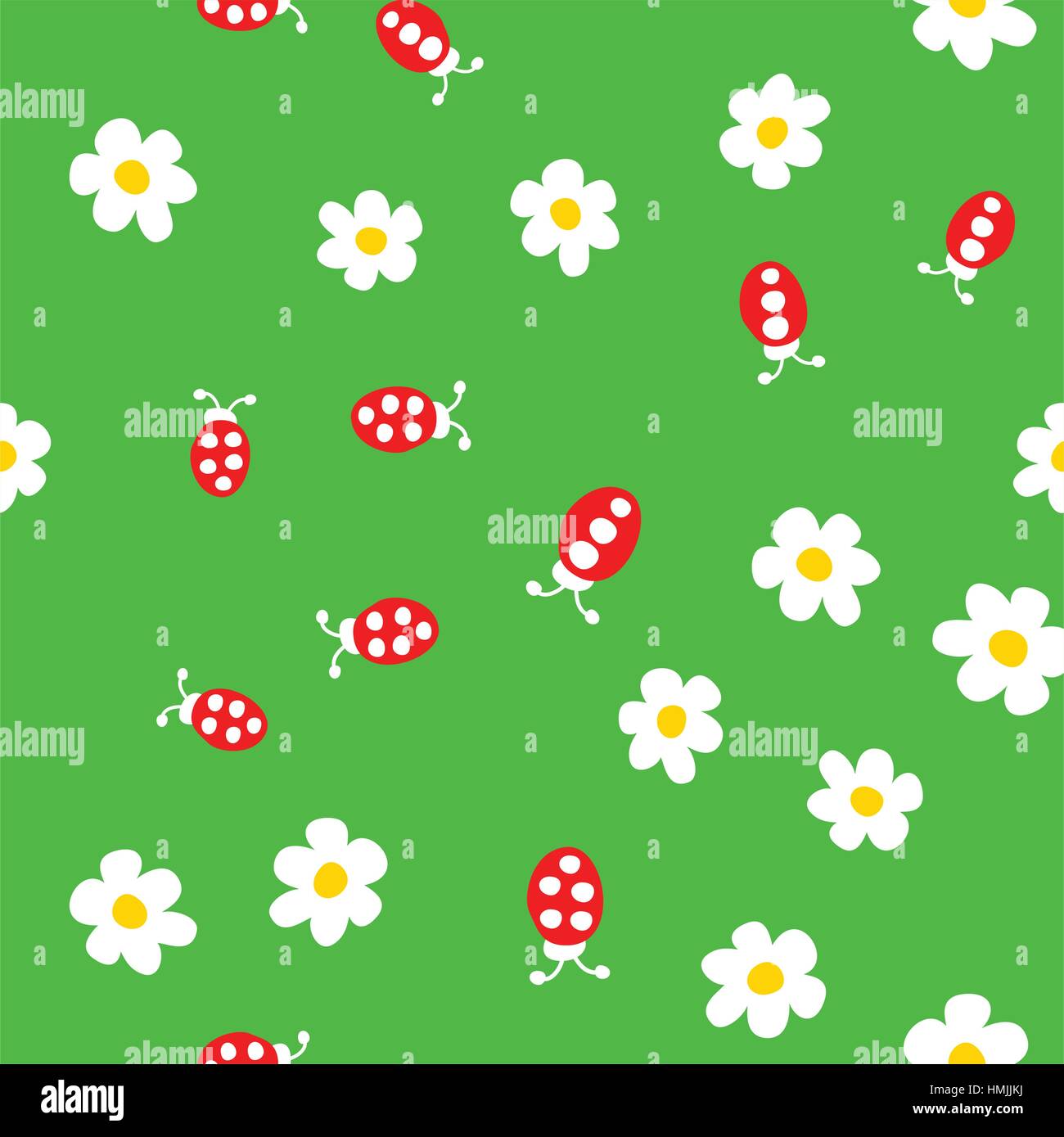 Ladybug and flowers seamless pattern. Cartoon ladybirds on grass green ...