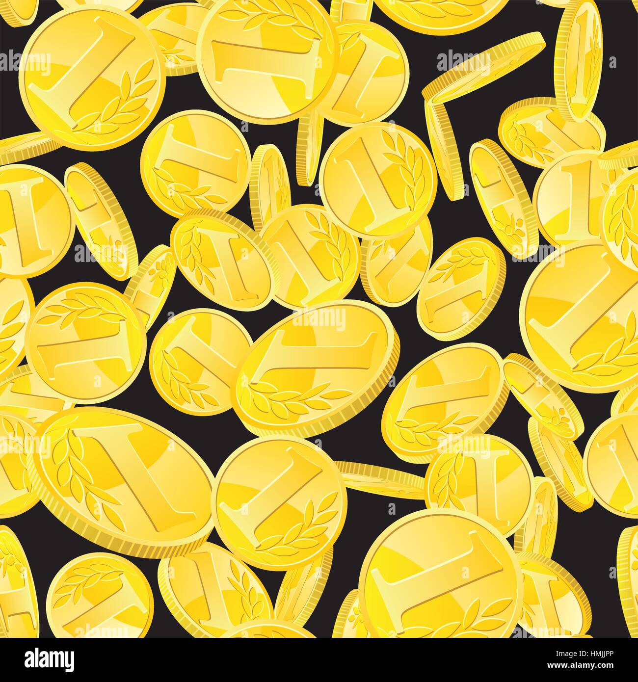 Seamless pattern with golden coins randomly placed over black ...