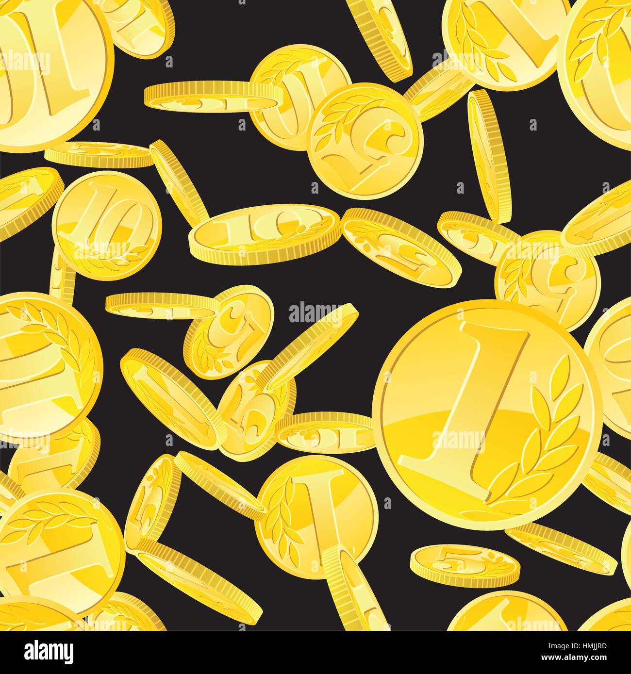 Seamless pattern with golden coins randomly placed over black ...