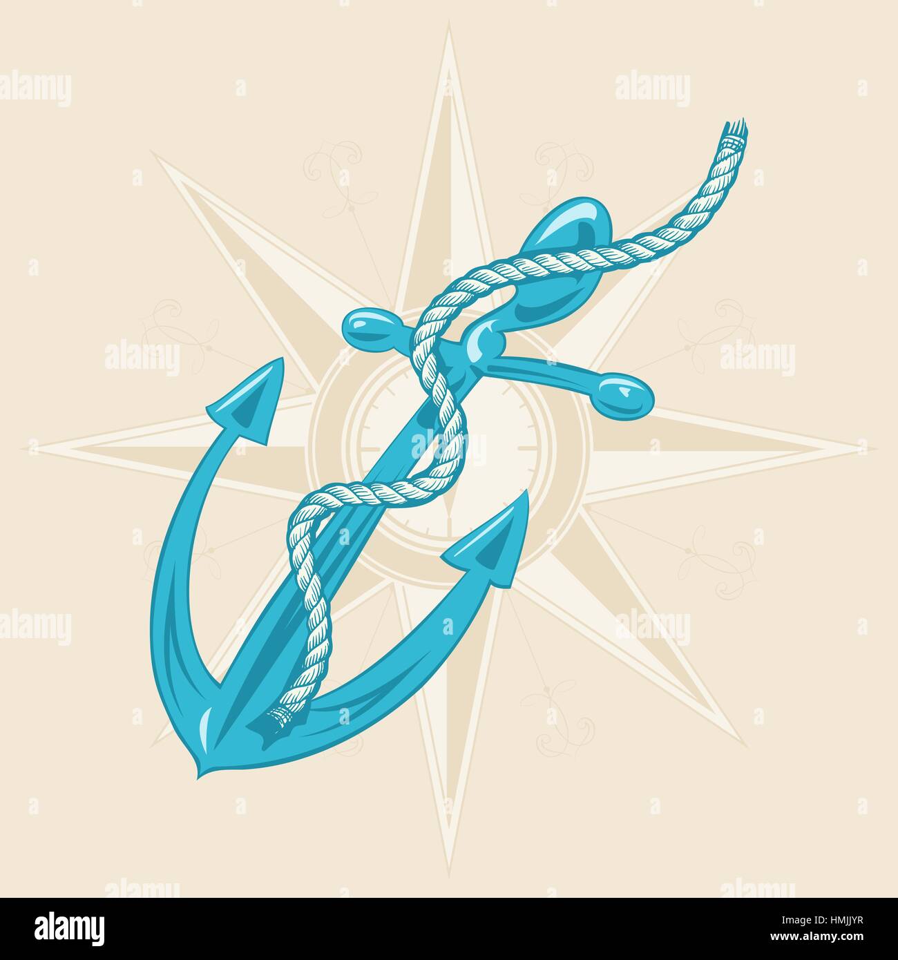 Anchor with ribbon on beige background with compass. Vector vintage ...