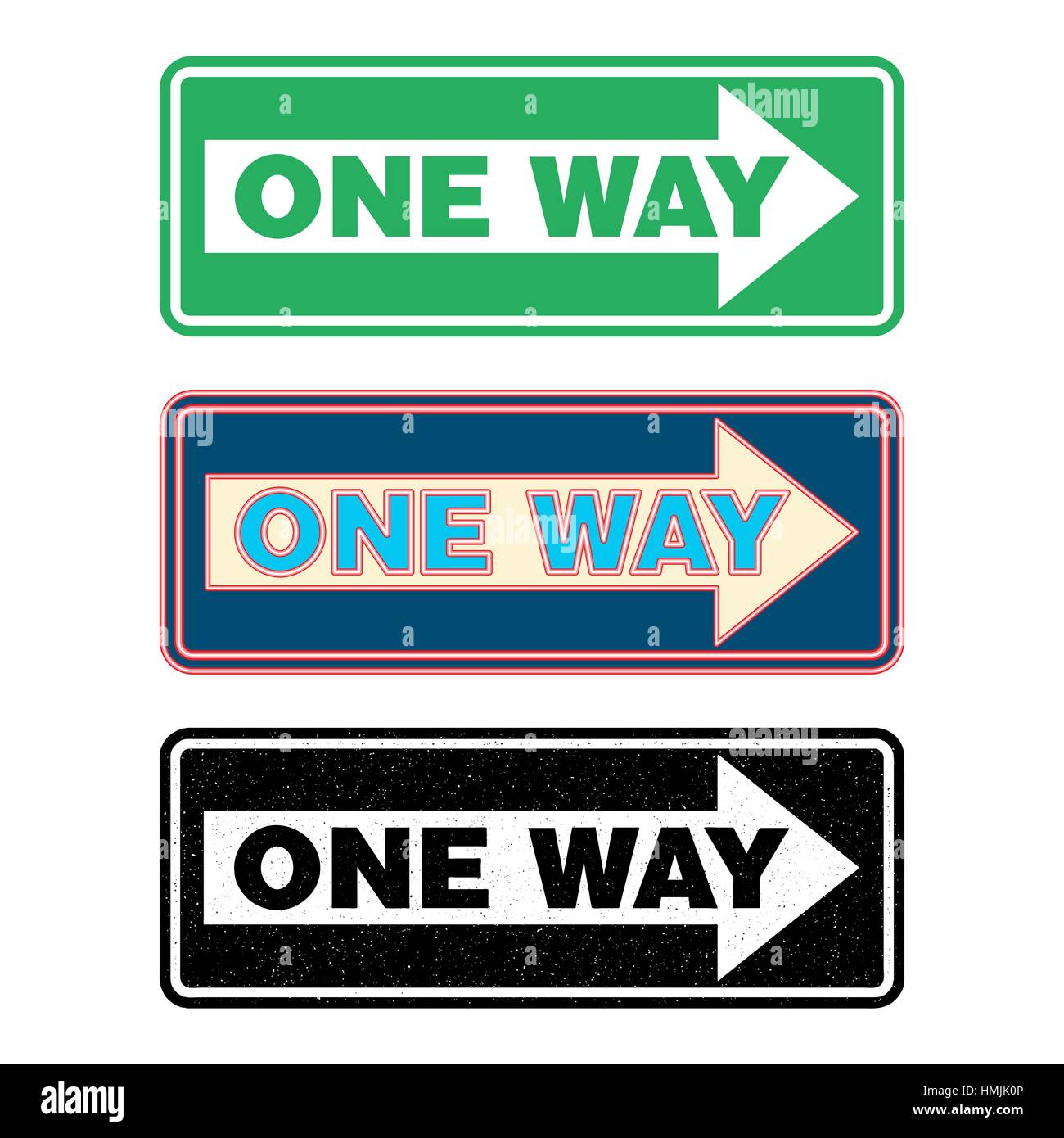 One way sign set, green, neon and grunge. Vector illustration Stock ...