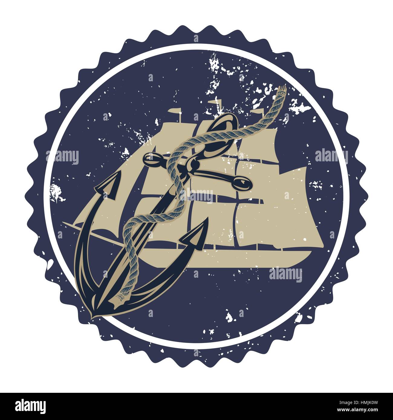 Vintage anchor and rope with sailing vessel. Vector illustration Stock ...