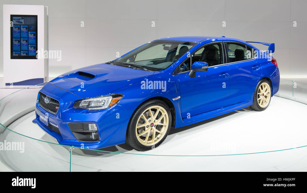 DETROIT, MI/USA - JANUARY 15: A 2014 Subaru Impreza WRX STI car at the North American ...