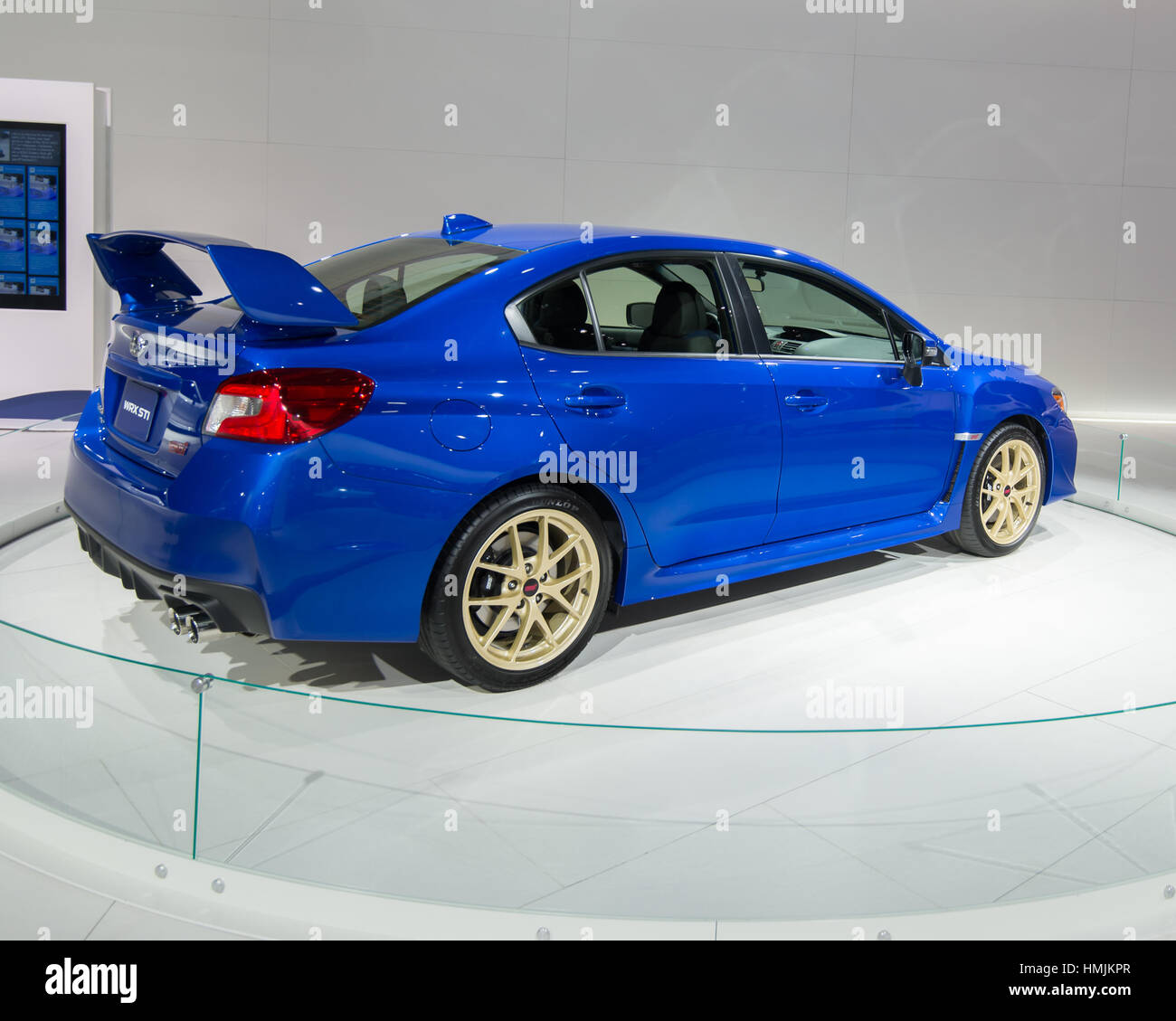 DETROIT, MI/USA - JANUARY 15: A 2014 Subaru Impreza WRX STI car at the North American ...