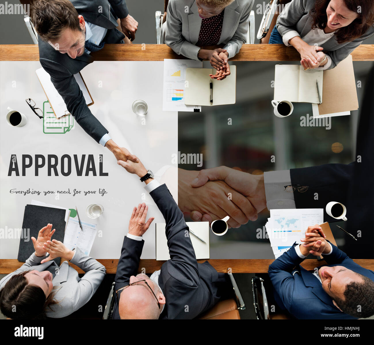 Approval word on business handshake background Stock Photo - Alamy