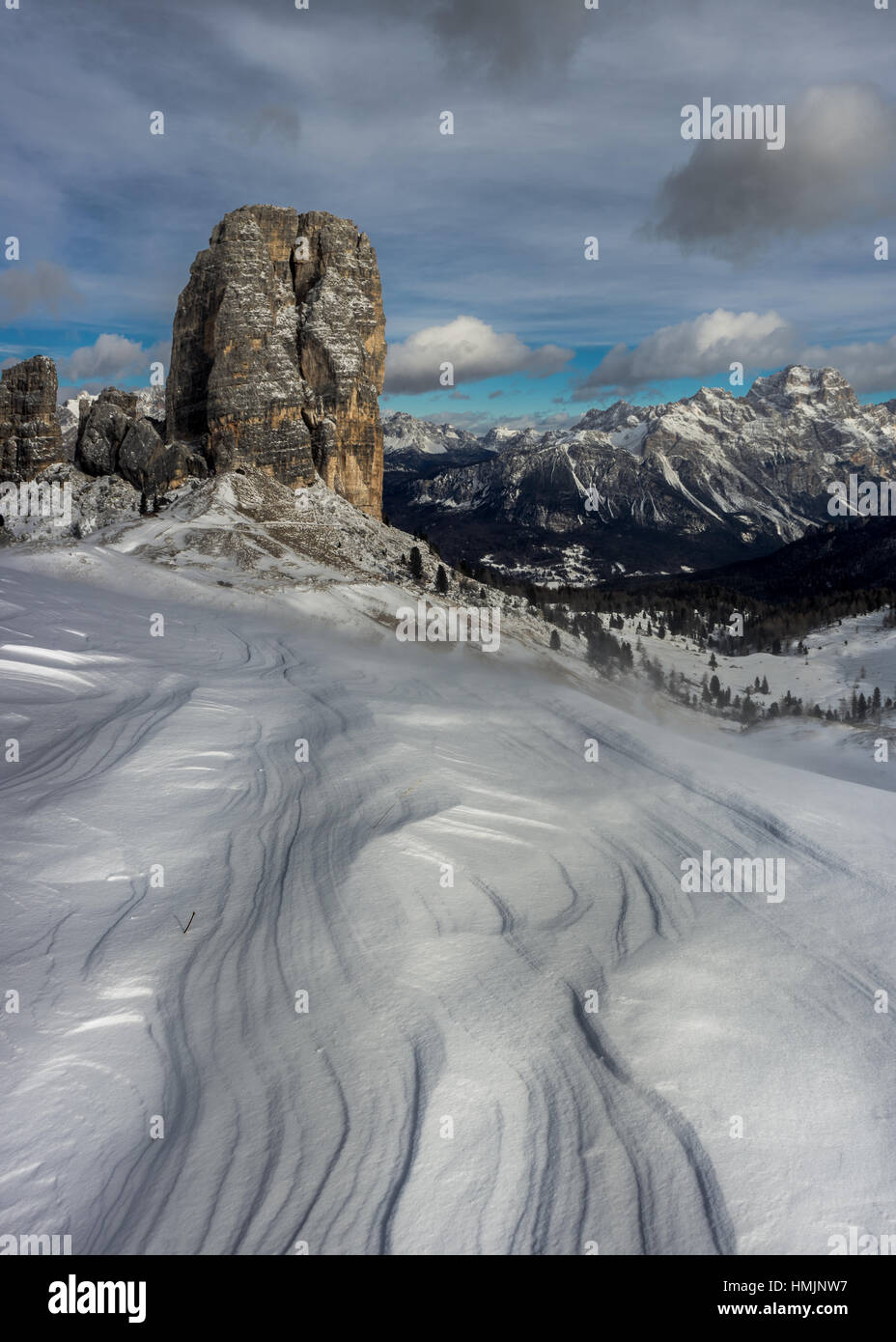 Italian Dolomites with Cinque Torri covered with snow in winter ...