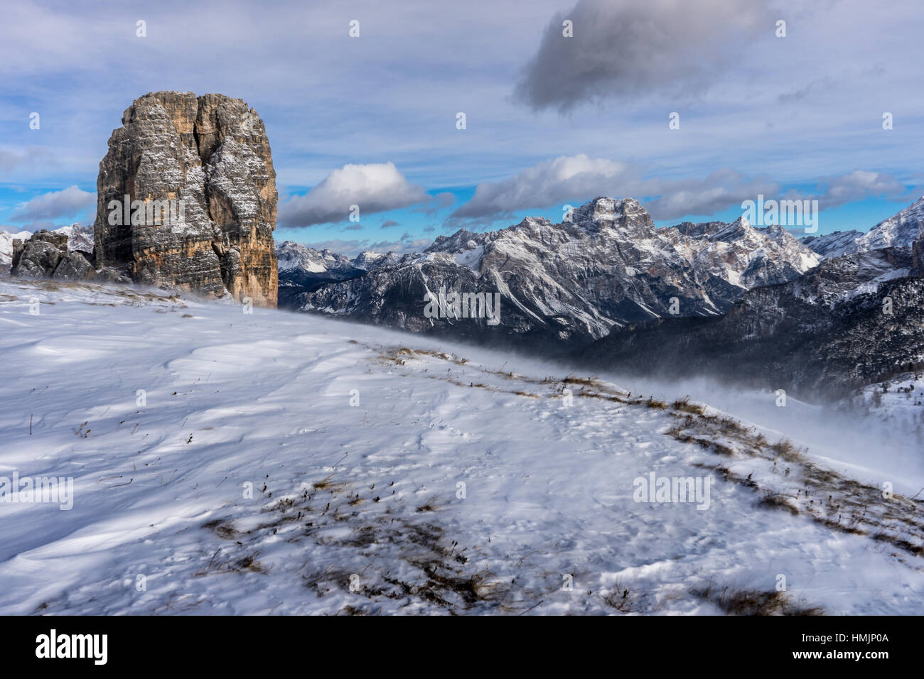 Italian Dolomites with Cinque Torri covered with snow in winter ...