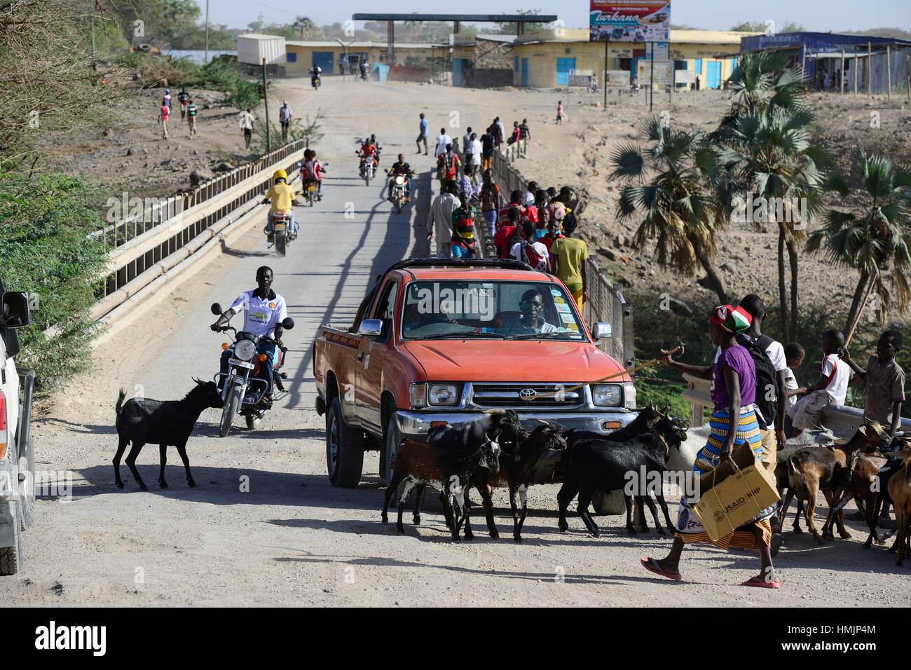 KENYA Turkana, Lodwar, traffic on bridge over river Kawalsee / KENIA ...