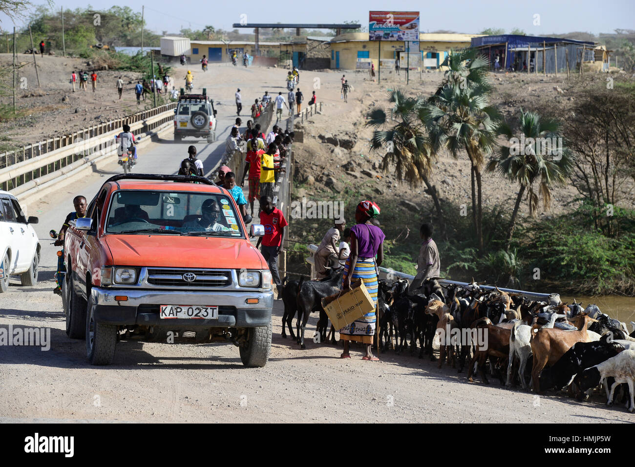 KENYA Turkana, Lodwar, traffic on bridge over river Kawalsee / KENIA ...