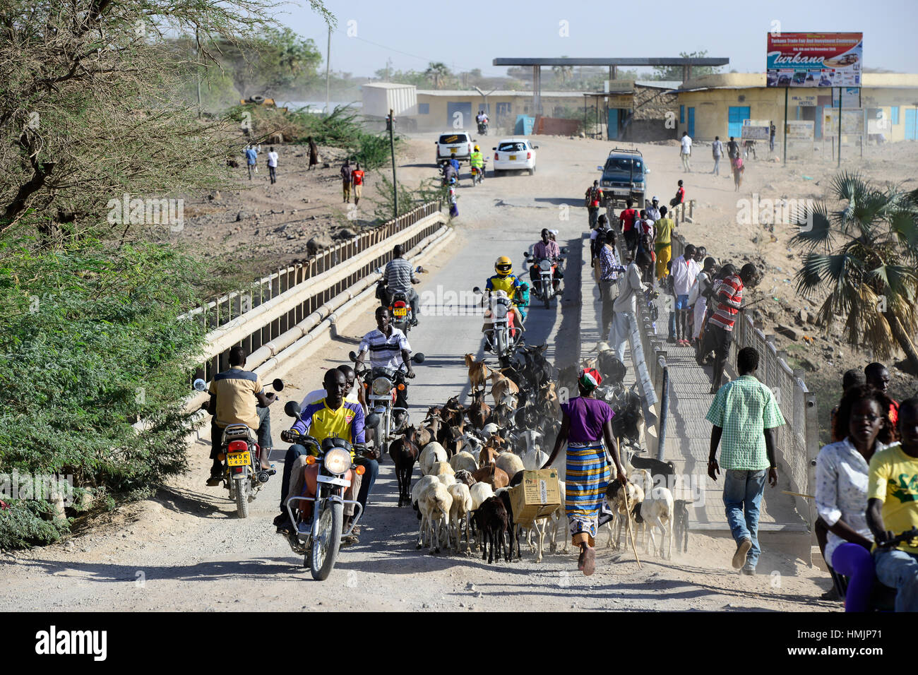 KENYA Turkana, Lodwar, traffic on bridge over river Kawalsee / KENIA ...