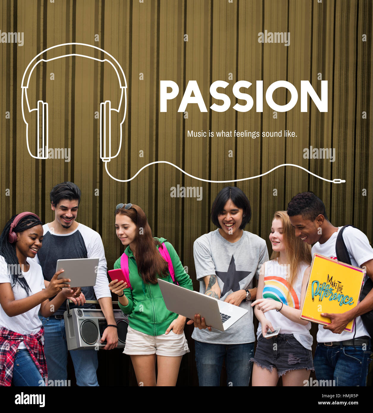Listening to music headphones graphic Stock Photo - Alamy