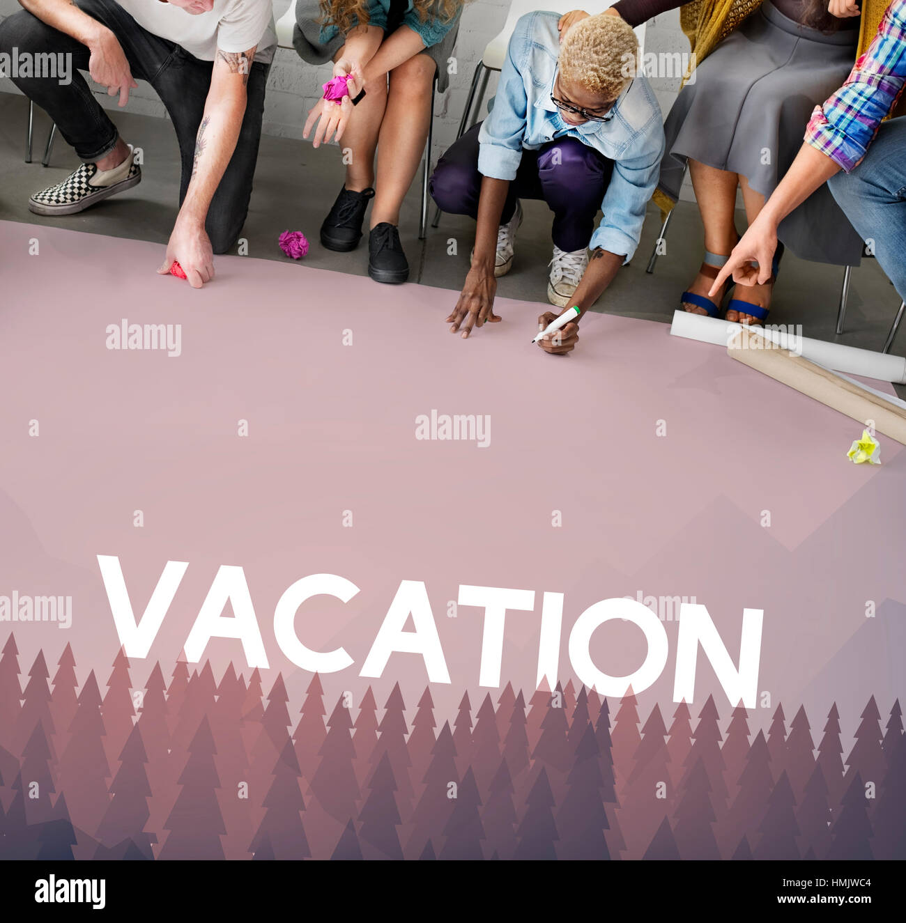 Vacation word on nature background with trees Stock Photo - Alamy