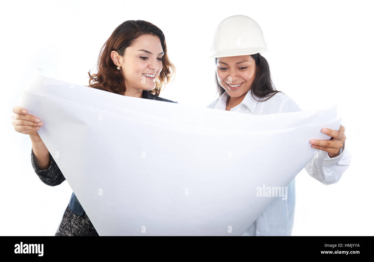 architect and contractor reading a house plan on a white background ...