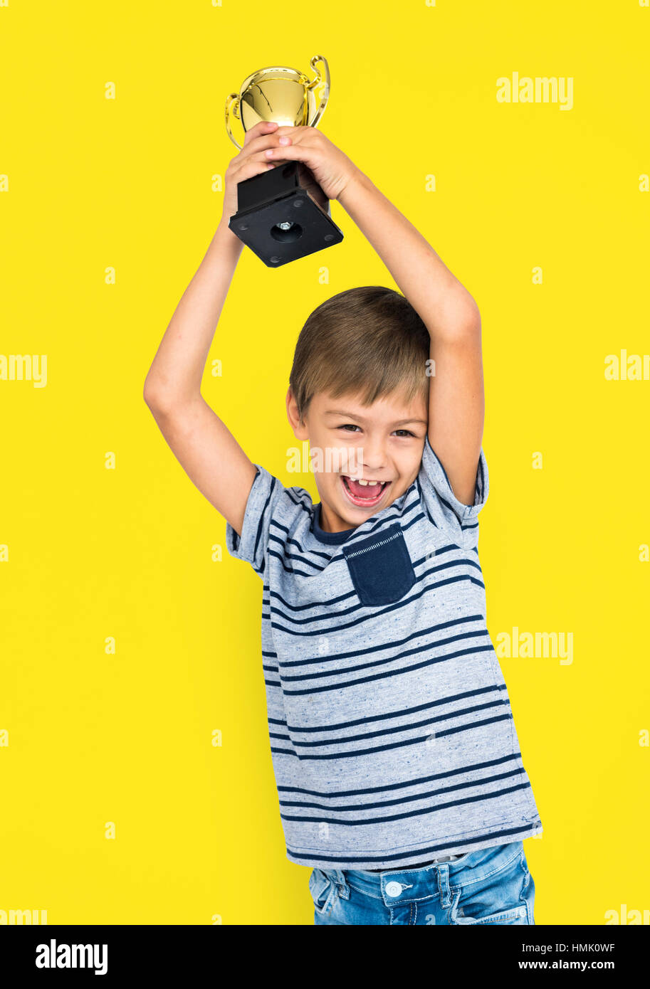 Little Boy Kid Adorable Cute Winning Trophy Portrait Concept Stock ...