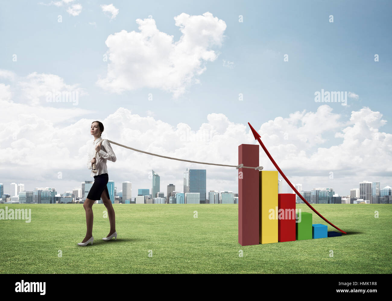 Businesswoman pulling arrow with rope and making it raise up Stock ...