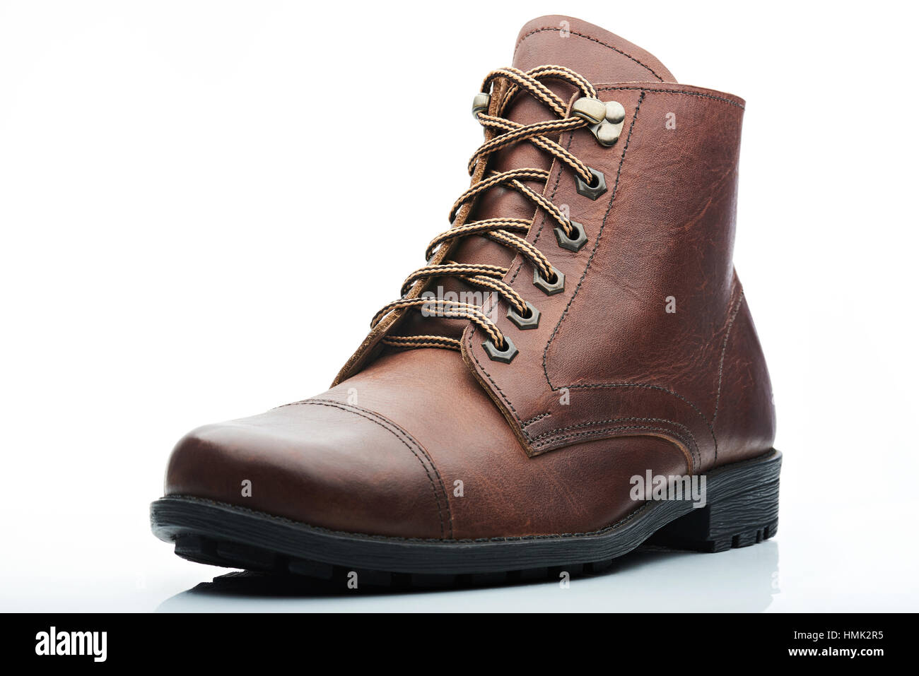 single men brown leather boot on white background Stock Photo - Alamy