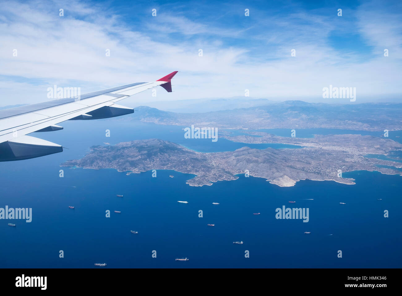 View from aircraft, Greek islands, approaching Athens, Greece Stock ...