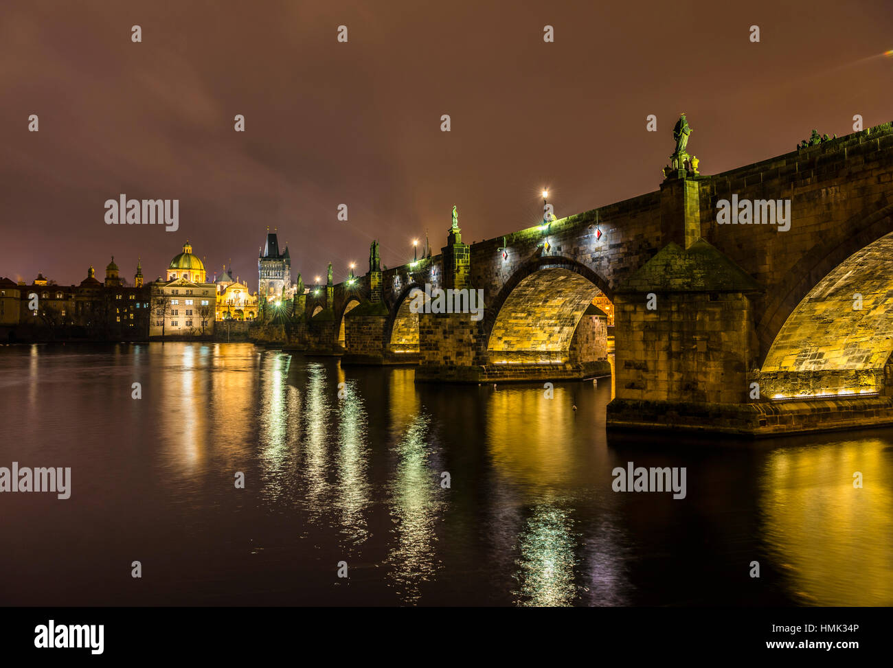 Moldova, Charles Bridge, Bridge Tower, night scene, historic centre, Prague, Bohemia, Czech ...