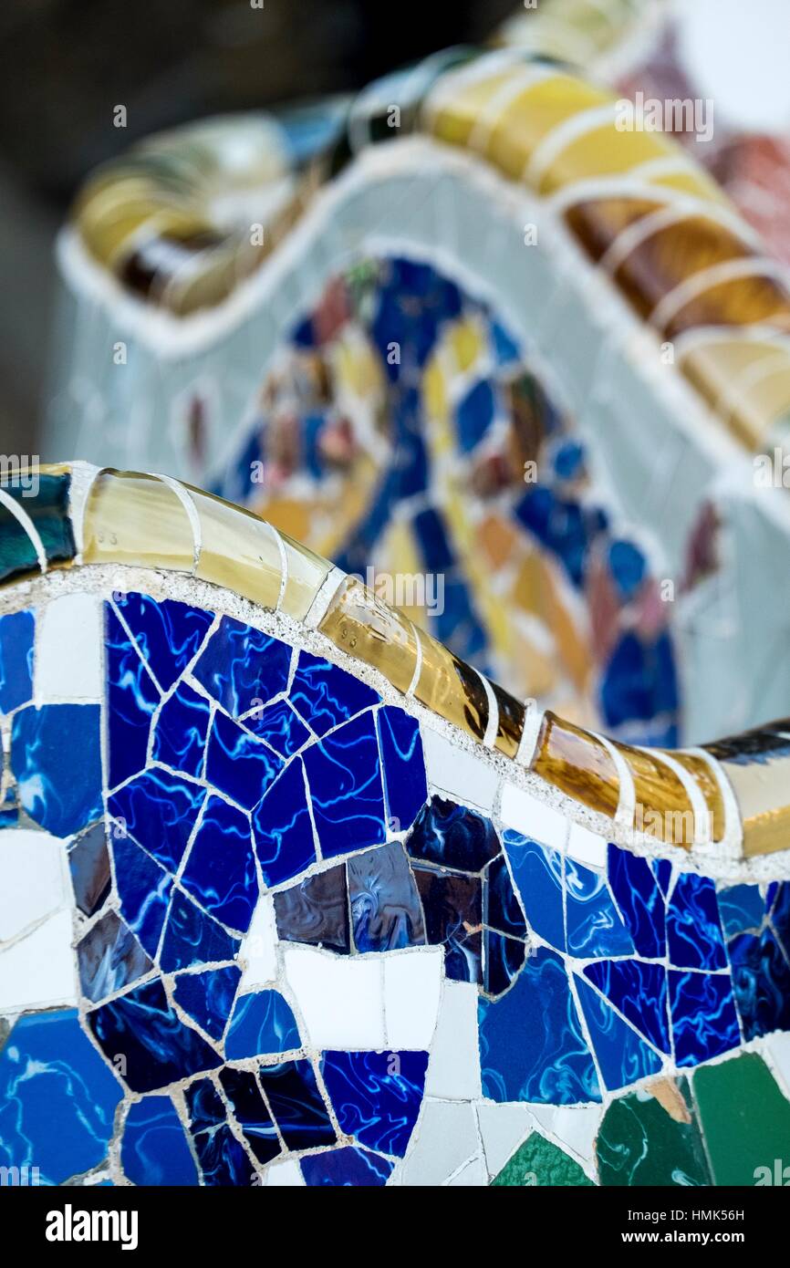 Park Guell. Garden complex with architectural elements situated on the ...