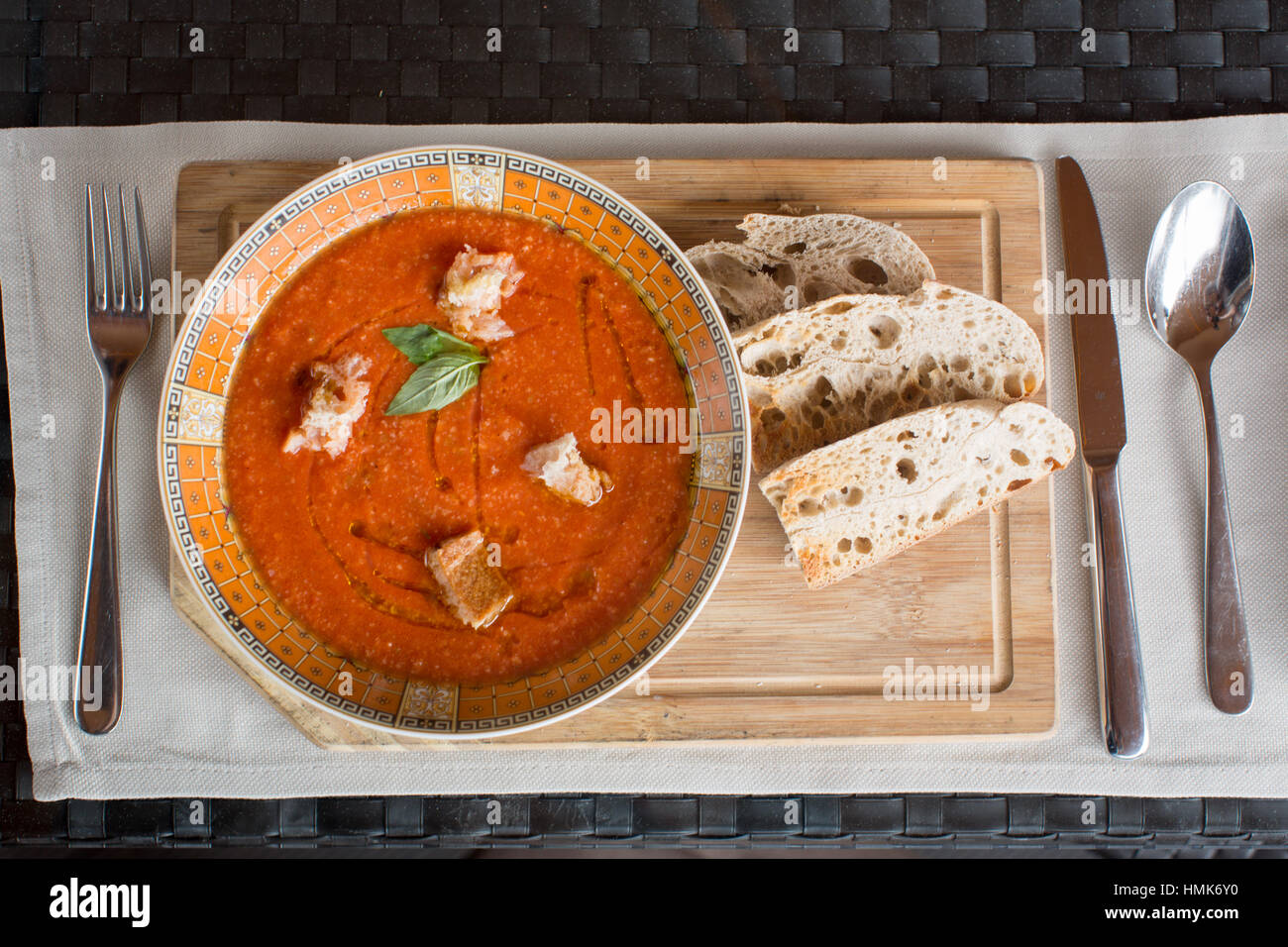 Gazpacho on wooden board top view Stock Photo - Alamy