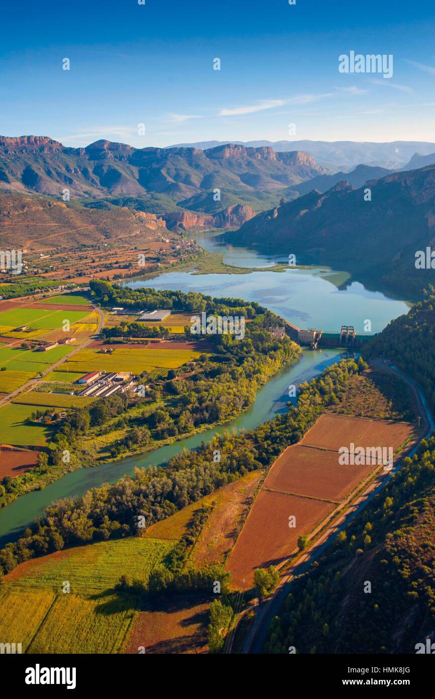 Aerial view of river Segre and the Sant Llorenç de Montgai village and ...