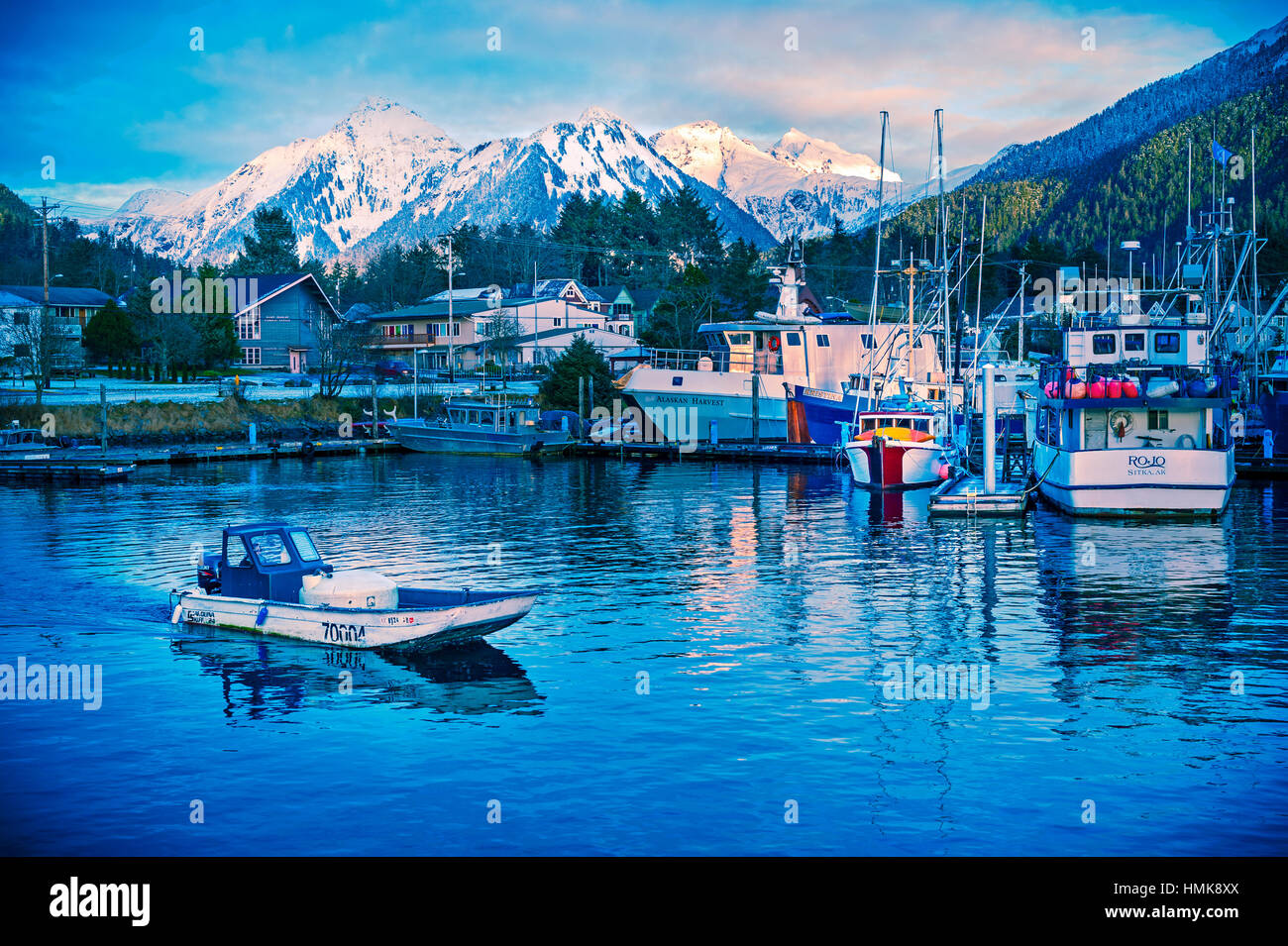 Workskiff underway departing Crescent Harbor in Sitka, Alaska, USA ...