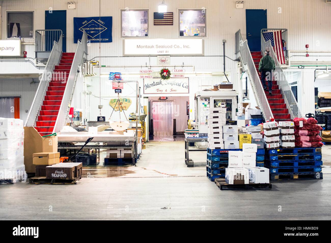 New York City, USA. Wholesale stall with boxes of seafood at the New ...