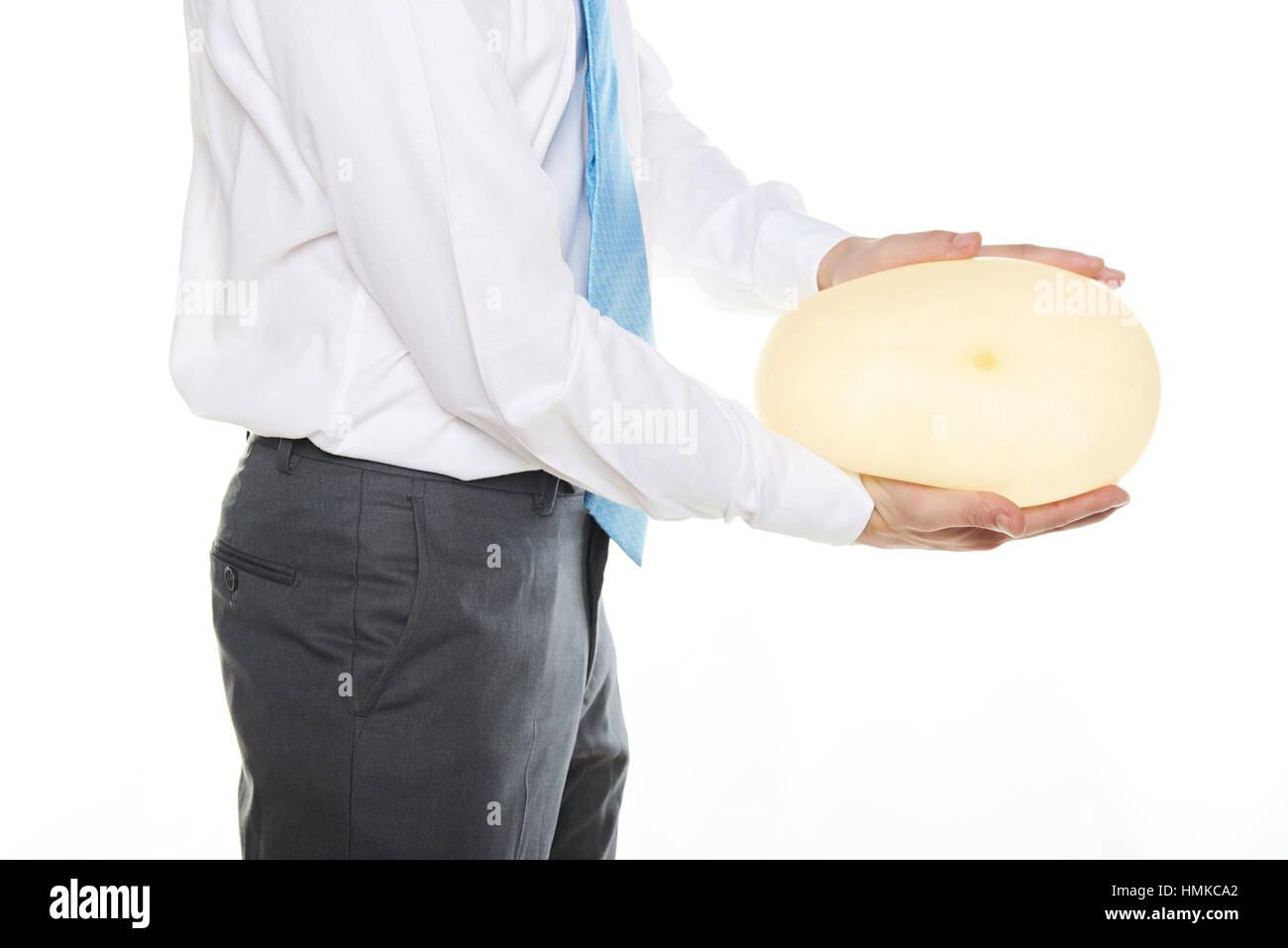 business man squeeze yellow balloon isolated on white Stock Photo - Alamy