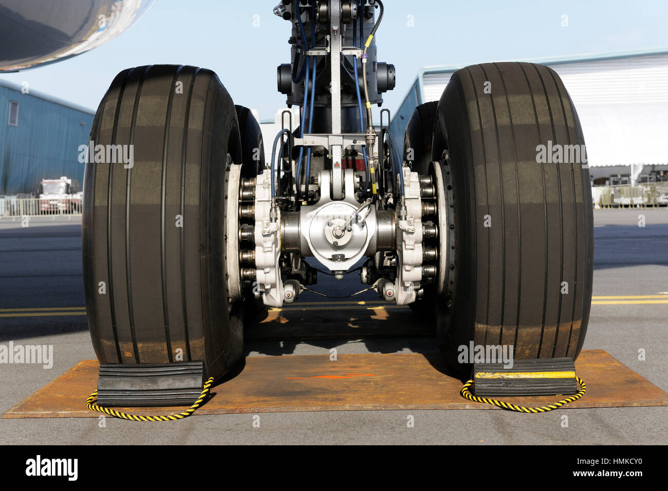 chocks and mainwheel undercarriage of Airbus A330-200F prototype parked ...