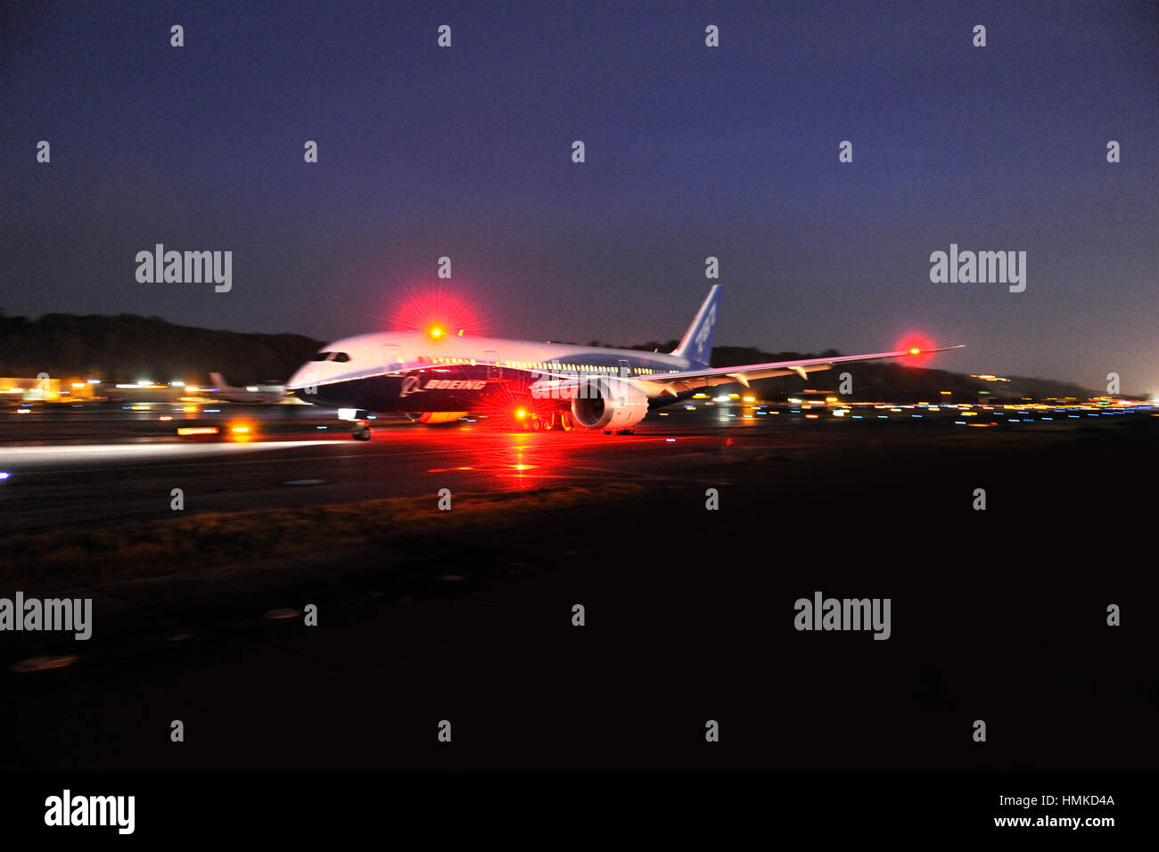 the first Boeing 787-8 Dreamliner prototype taxiing at night Stock ...