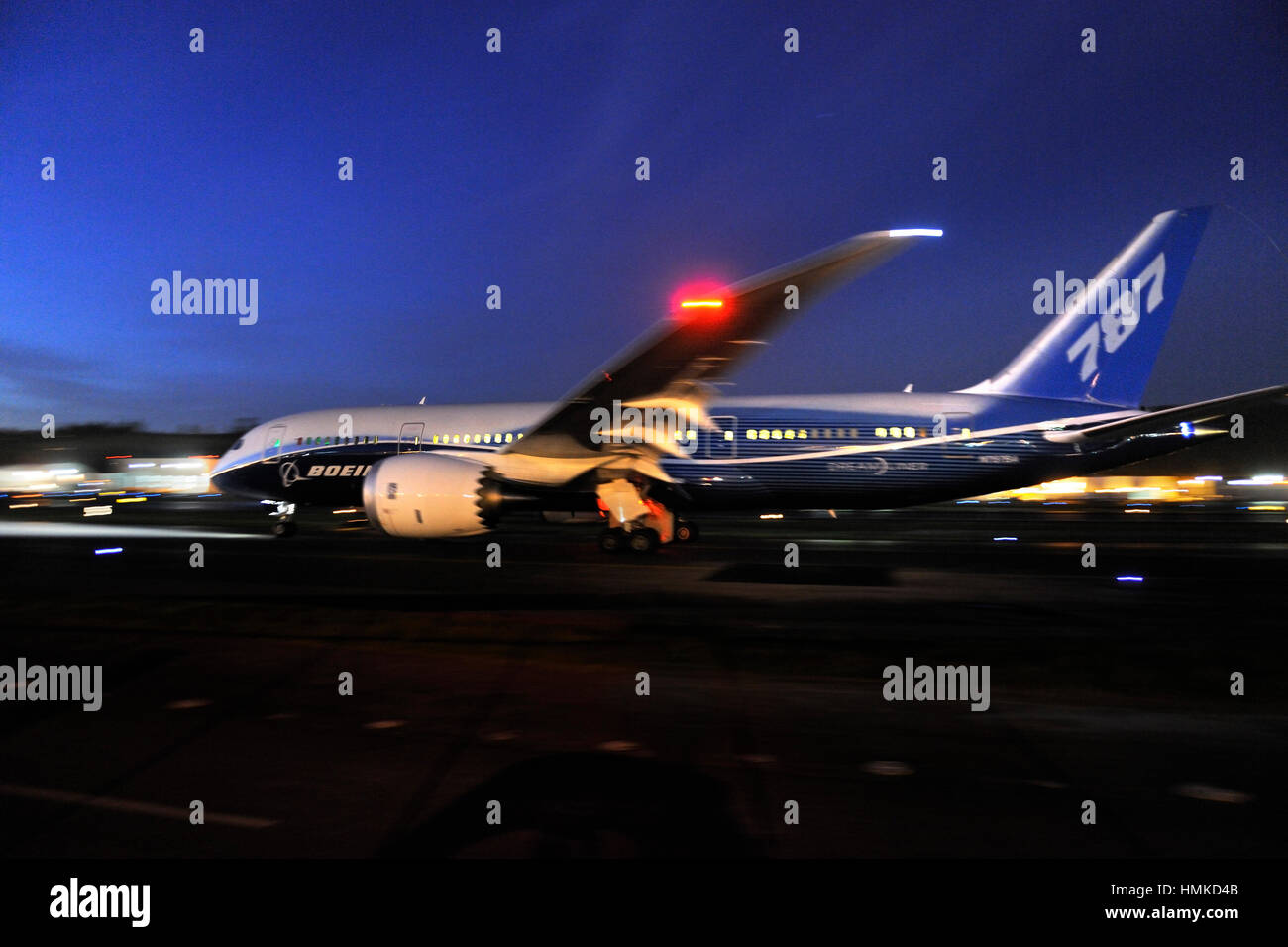 the first Boeing 787-8 Dreamliner prototype taxiing at night Stock ...