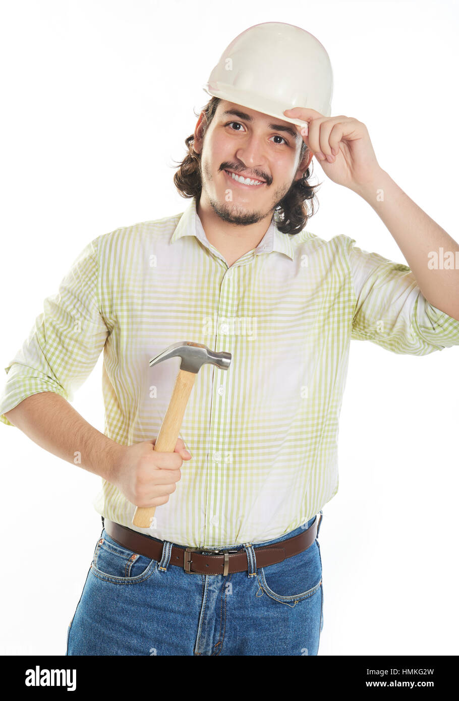 young beard man holding hammer isolated on white Stock Photo - Alamy