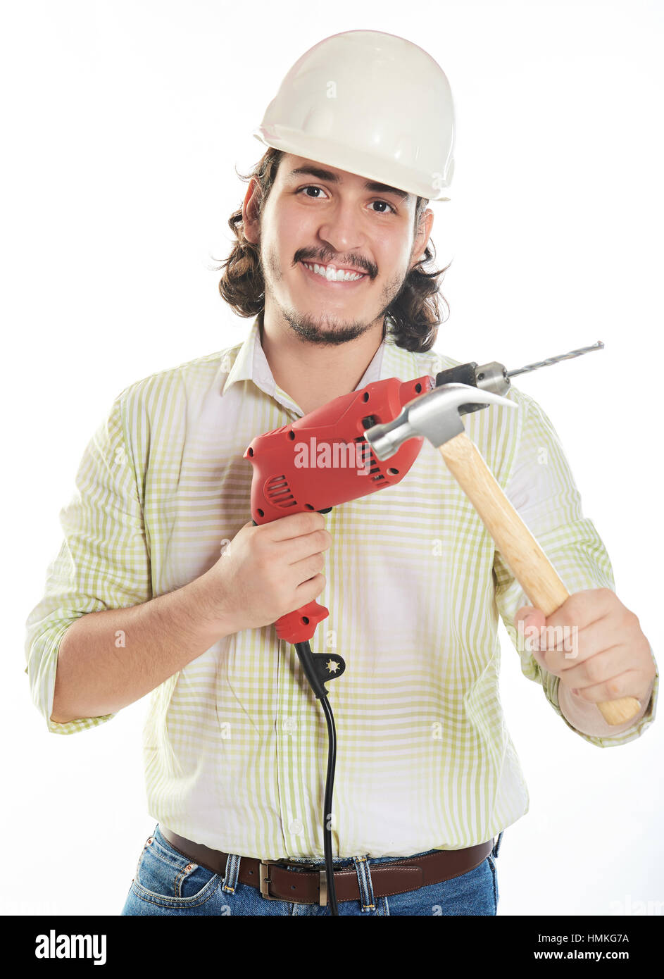 smiling young worker man with beard isolated on white Stock Photo - Alamy