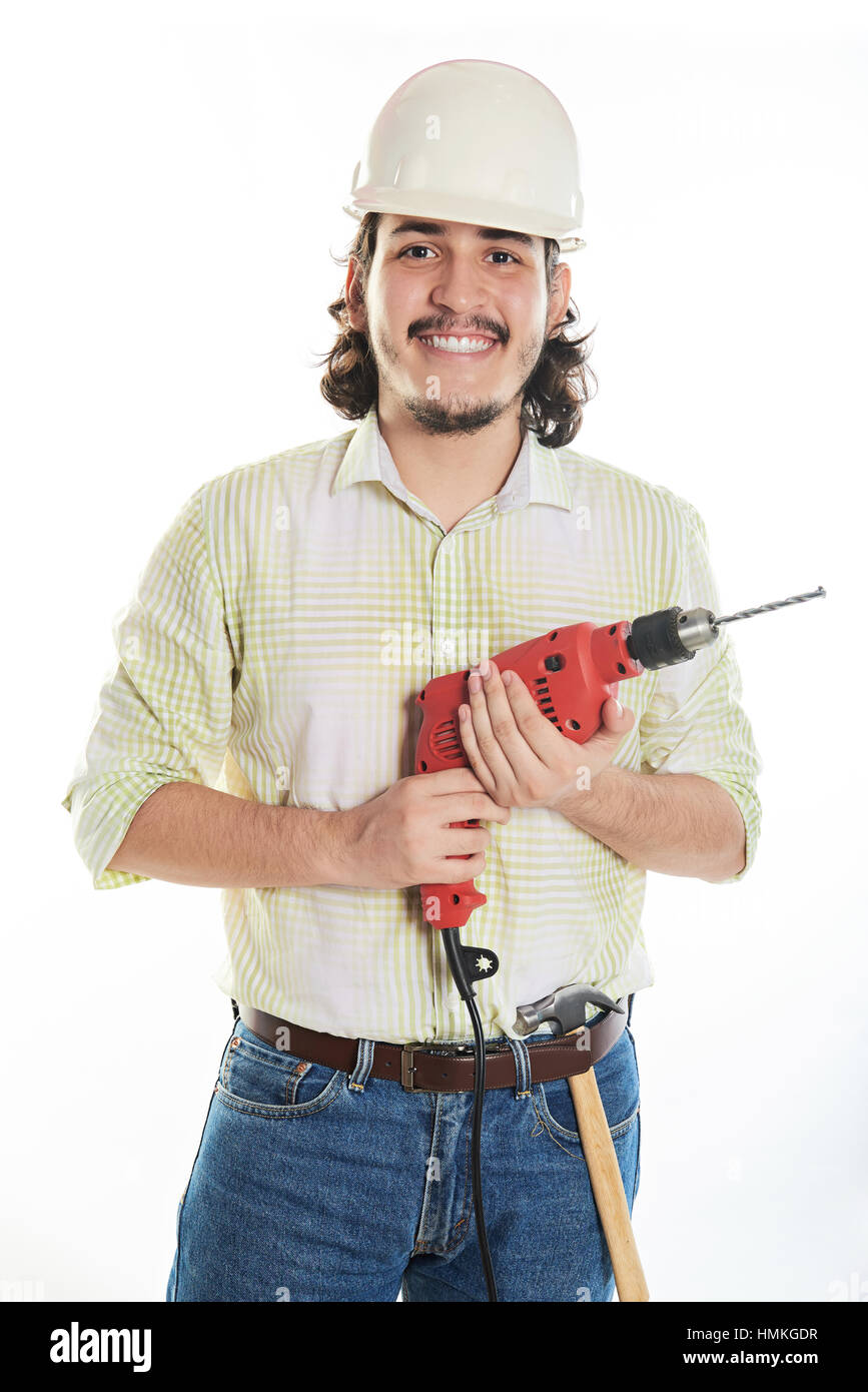 smiling beard man with drill isolated on white Stock Photo - Alamy