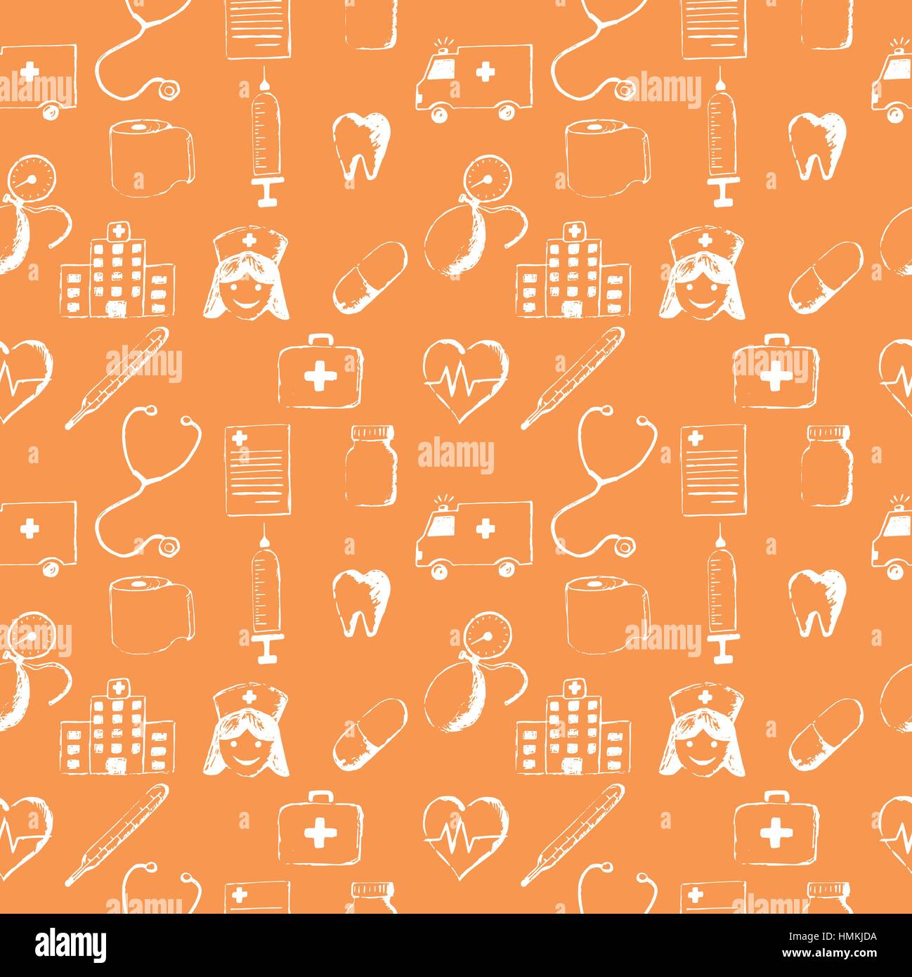 Orange seamless pattern-medical items. This illustration is drawn with ...
