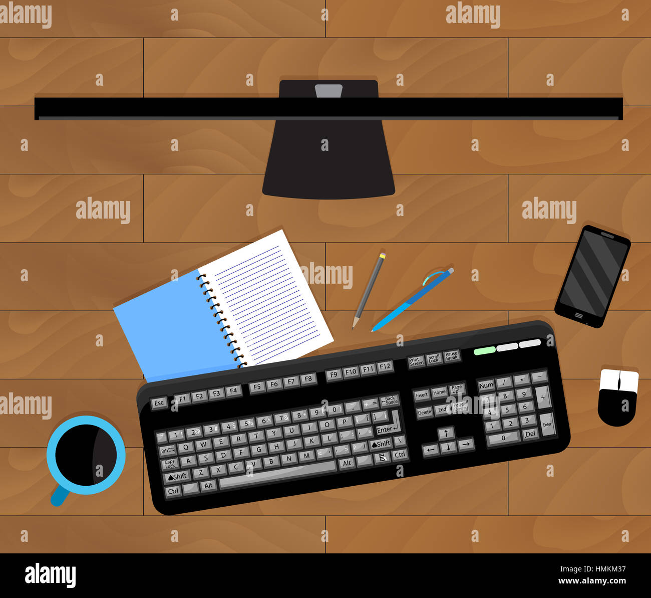 Top view of workplace table. Office work desktop and mobile phone ...