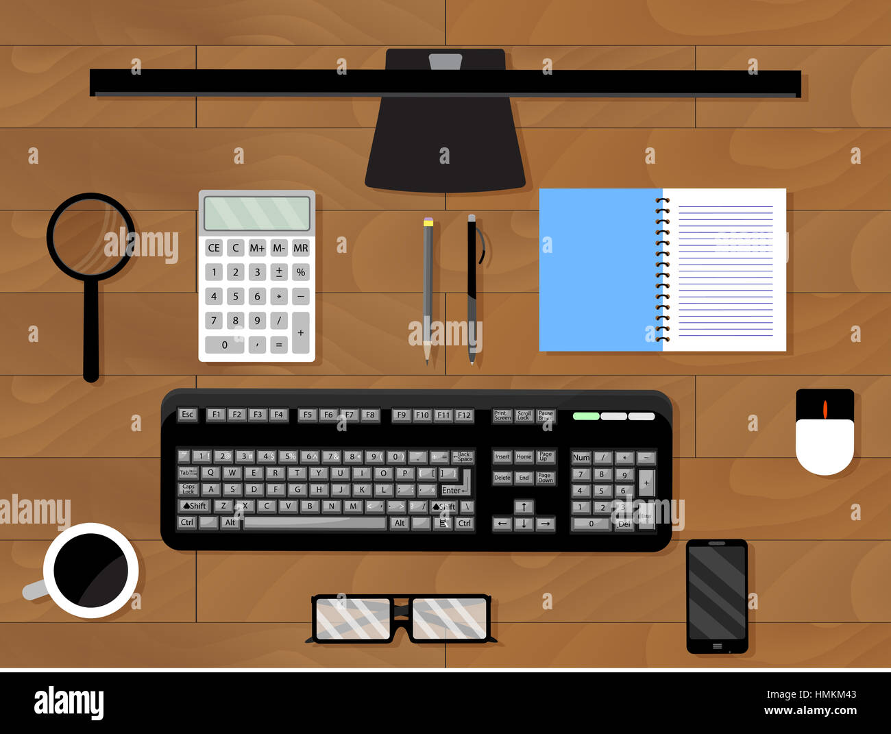 Work place top view. Office place table with computer. Vector ...