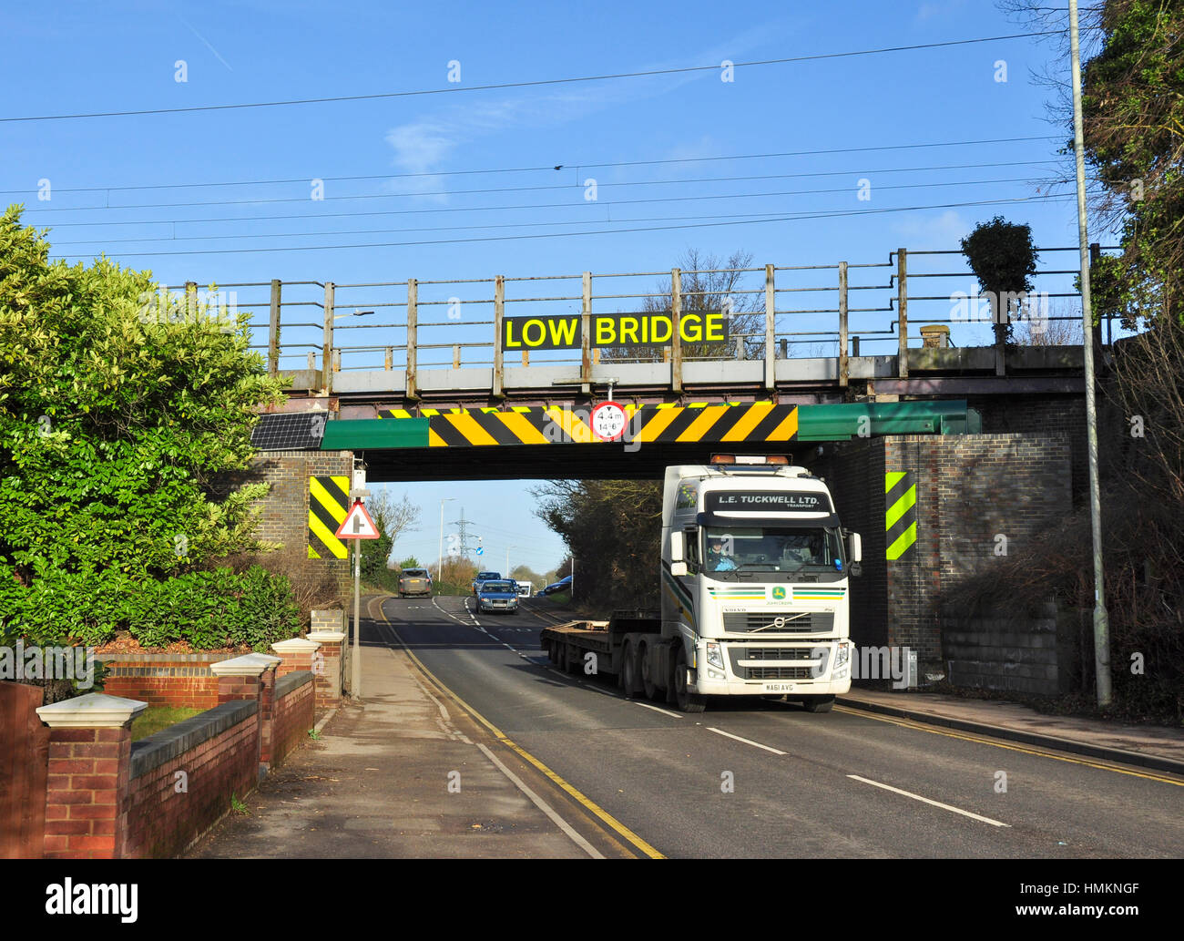 Low railway bridge over road, Baldock, Hertfordshire, England, UK Stock ...