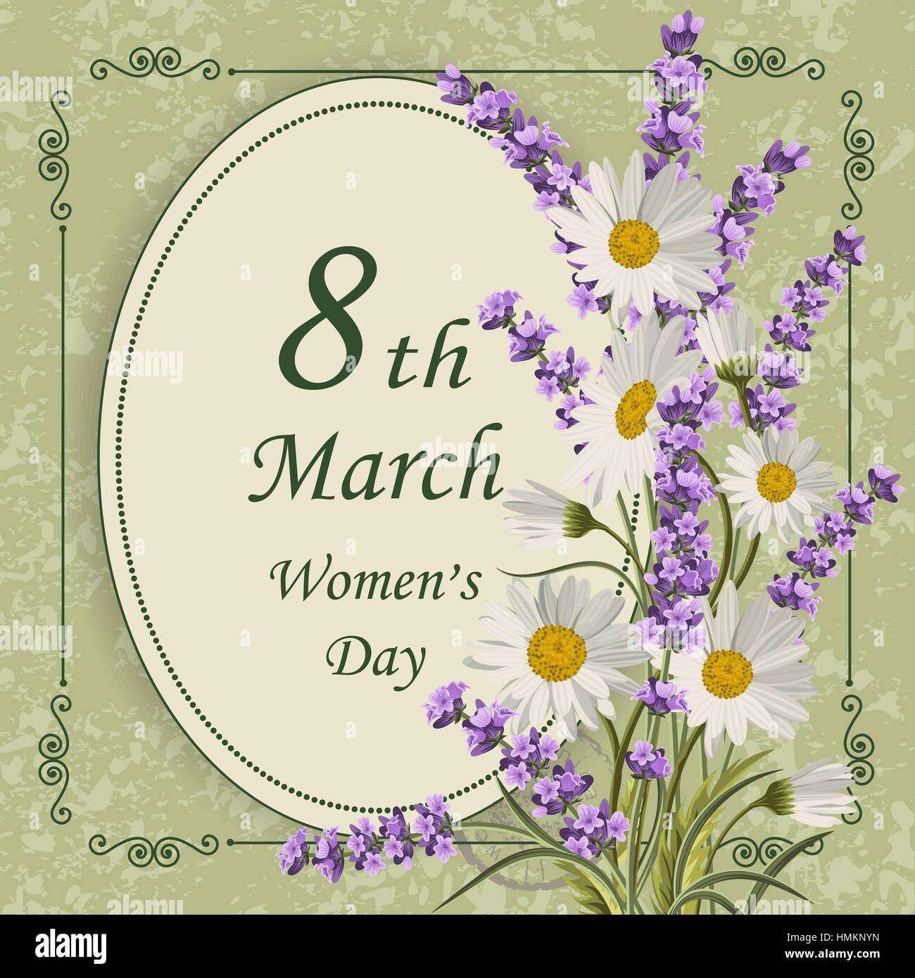 8 March lettering greeting card with beautiful flowers on vintage ...