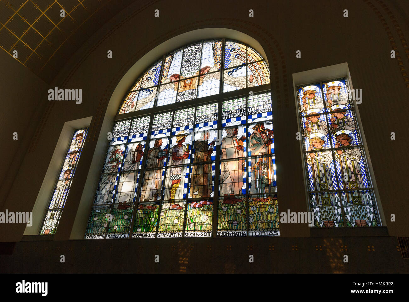 Wien, Vienna: Church at Steinhof (architect Otto Wagner); Glass windows ...